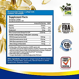 LABO Nutrition OmaxPure Omega 3 Fish Oil, 1125mg Omega-3, 120 Count, Pharmaceutical Grade, High Potency, Better Absorbed Supercritical CO2 Extracted rTG Form, for Heart, Joint, Brain & Immune Health