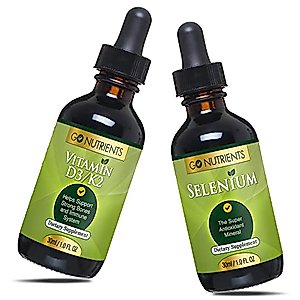 Go Nutrients Liquid Vitamin D3 with K2 (MK-7) Drops 1oz & Selenium 200 mcg Supplement 1.0 oz| | Vitamin D3 and K2 | Supplements with Mineral Selenium Liquid and Purified Water