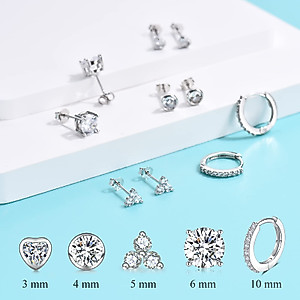 925 Sterling Silver Women's Stud Earrings Set, Hypoallergenic Cubic Zirconia Studs Cartilage Helix Earrings, 5 Pairs Different Sizes Silver Hoop Earring Stud Sets for Multiple Piercing Her Gifts