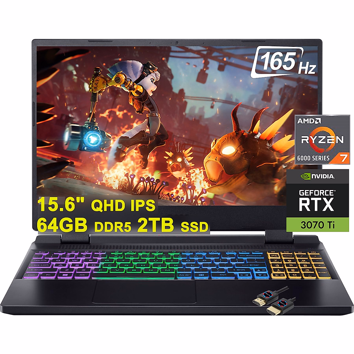 acer Nitro 5 15 Gaming Laptop | 15.6" QHD IPS 165Hz | AMD 8-core Ryzen 7 6800H >i7-11370H | 64GB DDR5 2TB SSD | GeForce RTX3070 Ti 8GB Graphic | RGB Backlit USB-C Win11 Black + HDMI Cable