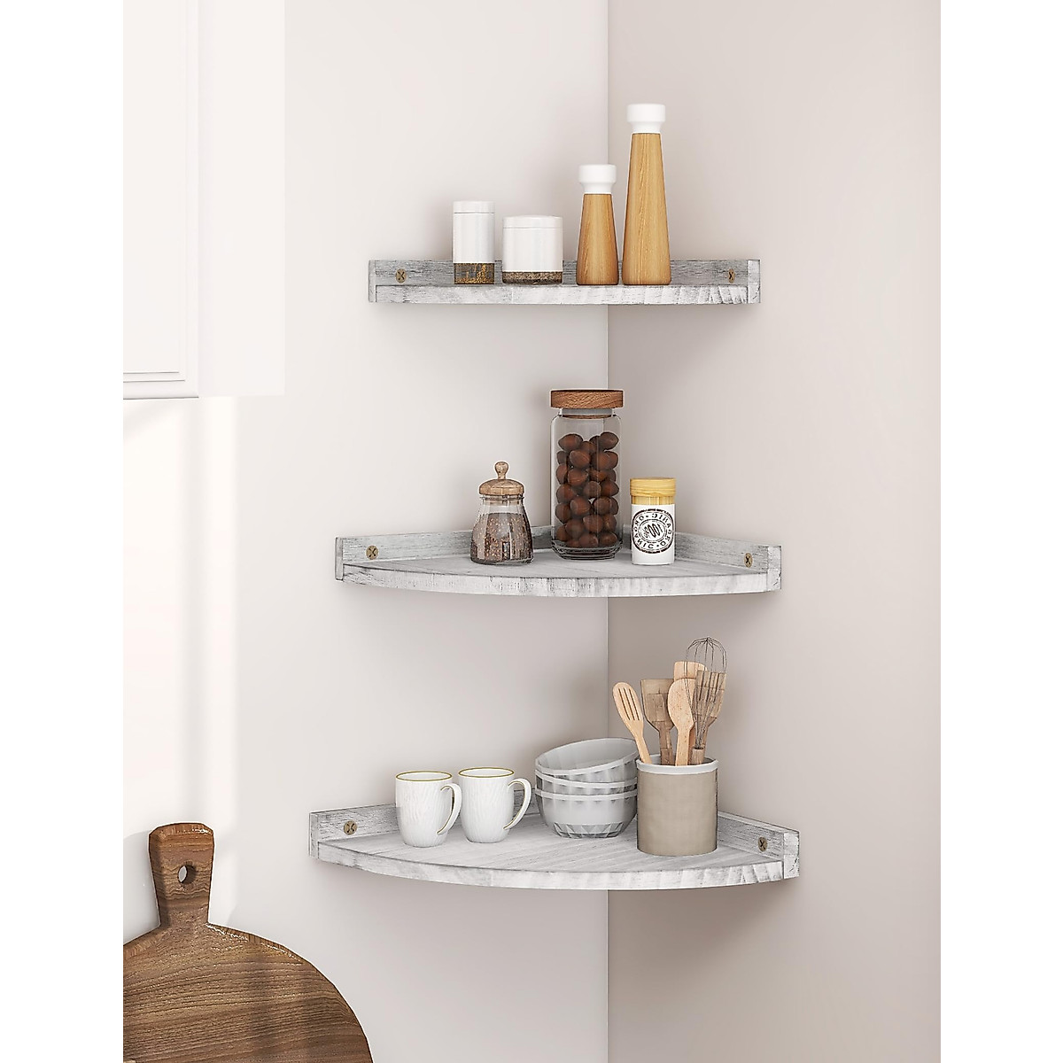 Godimerhea Corner Shelves Wall Mount, Rustic Natural Wood Corner Floating Shelf, Distressed White Storage Organizer Corner Wall Shelves for Living Room Kitchen Bedroom Bathroom Laundry, 9.68x9.68 Inch