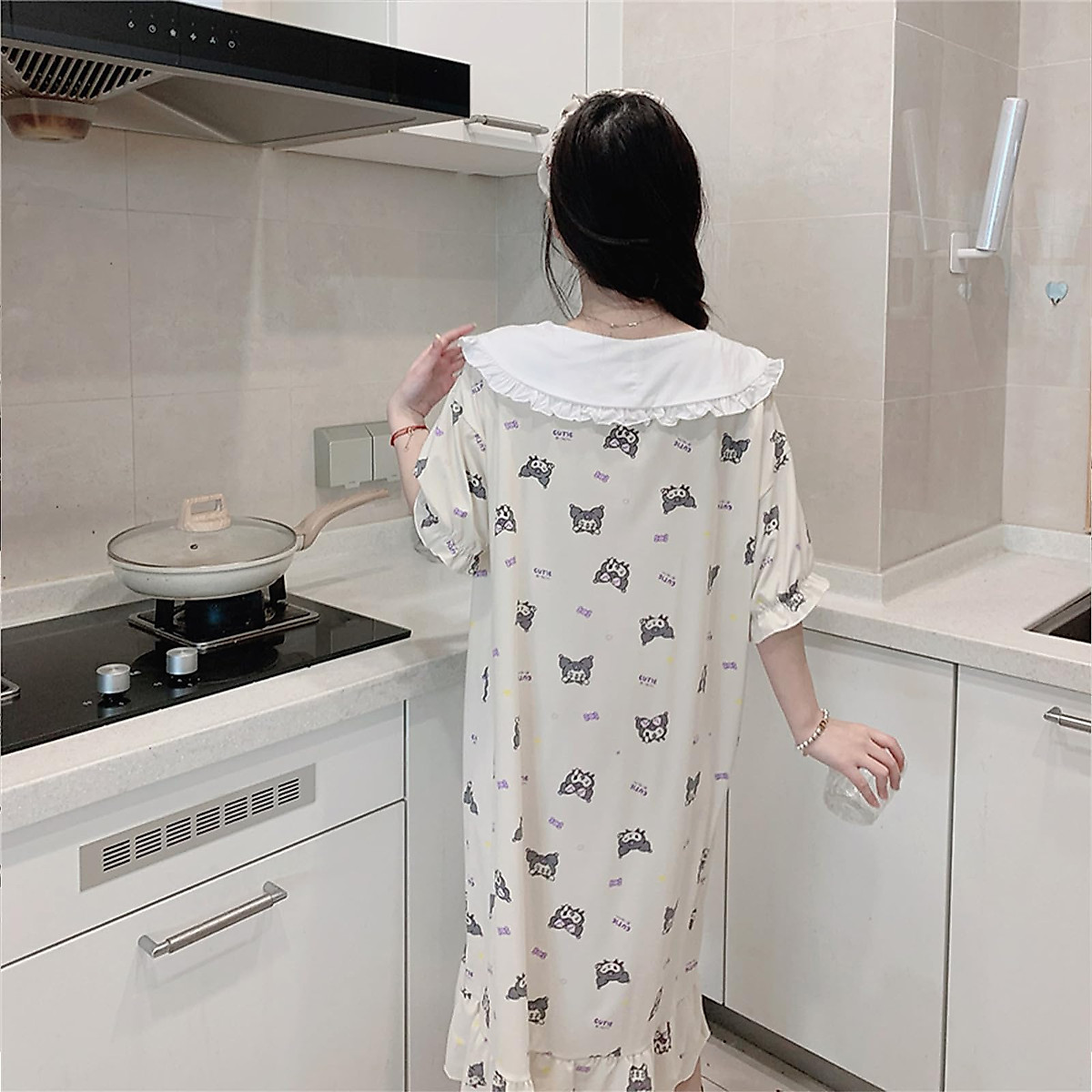 Kuromi Pajamas for Women Kawaii Kuromi Nightgown Pajamas Lightweight Sleep Dress Soft Kuromi Sleepwear Casual Pajamas for Women Girls (Beige, XXL)