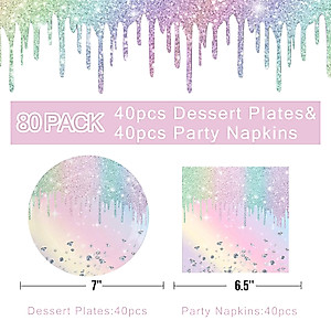 Lousuip 80PCS Iridescent Diamond Party Supplies Disposable Holographic Paper Plates and Napkins Party Tableware for Birthday Cocktail Bridal Shower Graduation Wedding Party Decorations