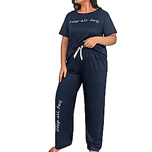 Floerns Women's Plus Size Pajamas Graphic Print Short Sleeve Tee with Pants Pj Set Navy Blue 5XL