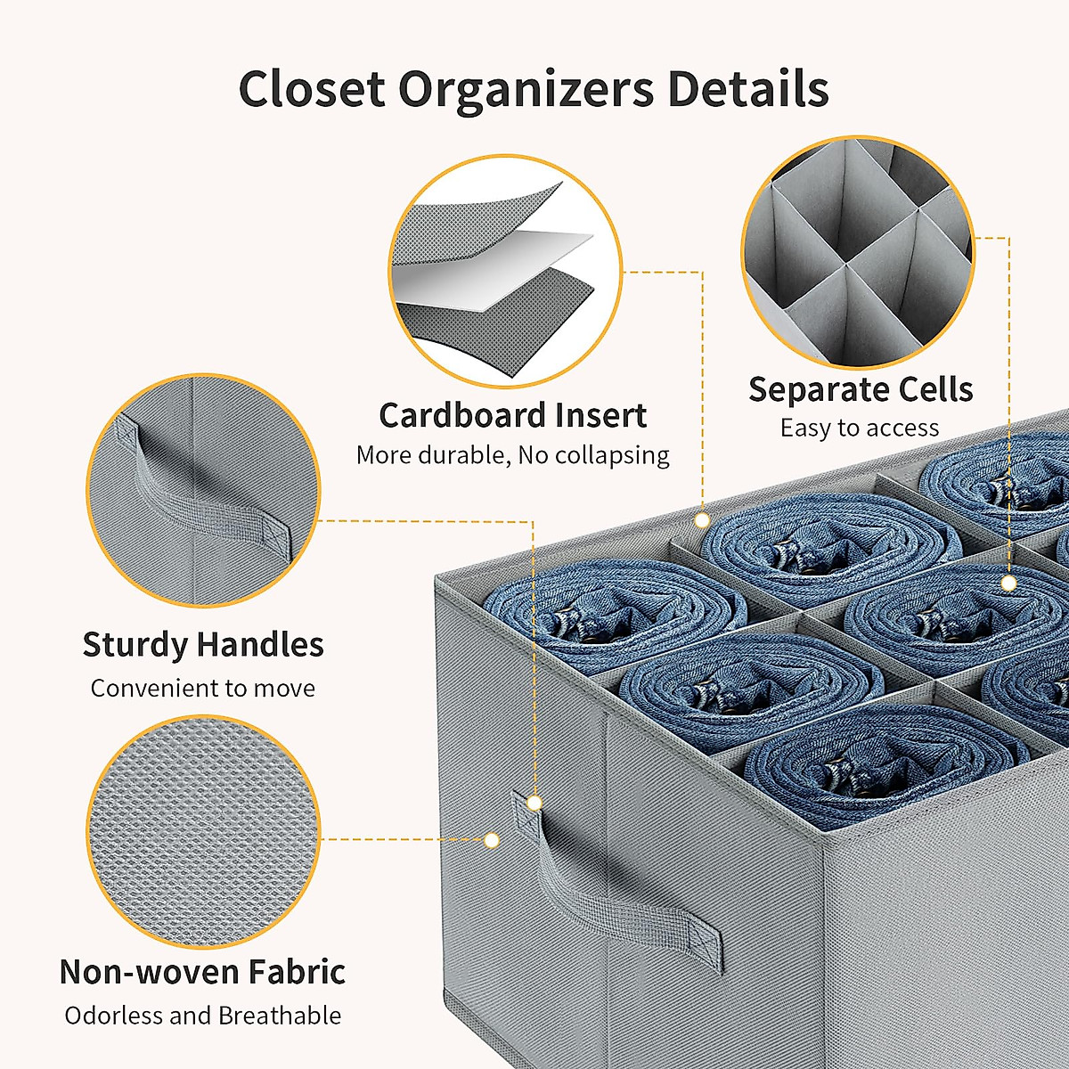 DIMJ Wardrobe Clothes Organizer, Jean Pants Towel Organizers for Closet, 9 Cell Stackable Wardrobe Shelf Dividers, Foldable Storage Bins for Clothes Sweater T-shirts Legging, 4 Pcs Grey