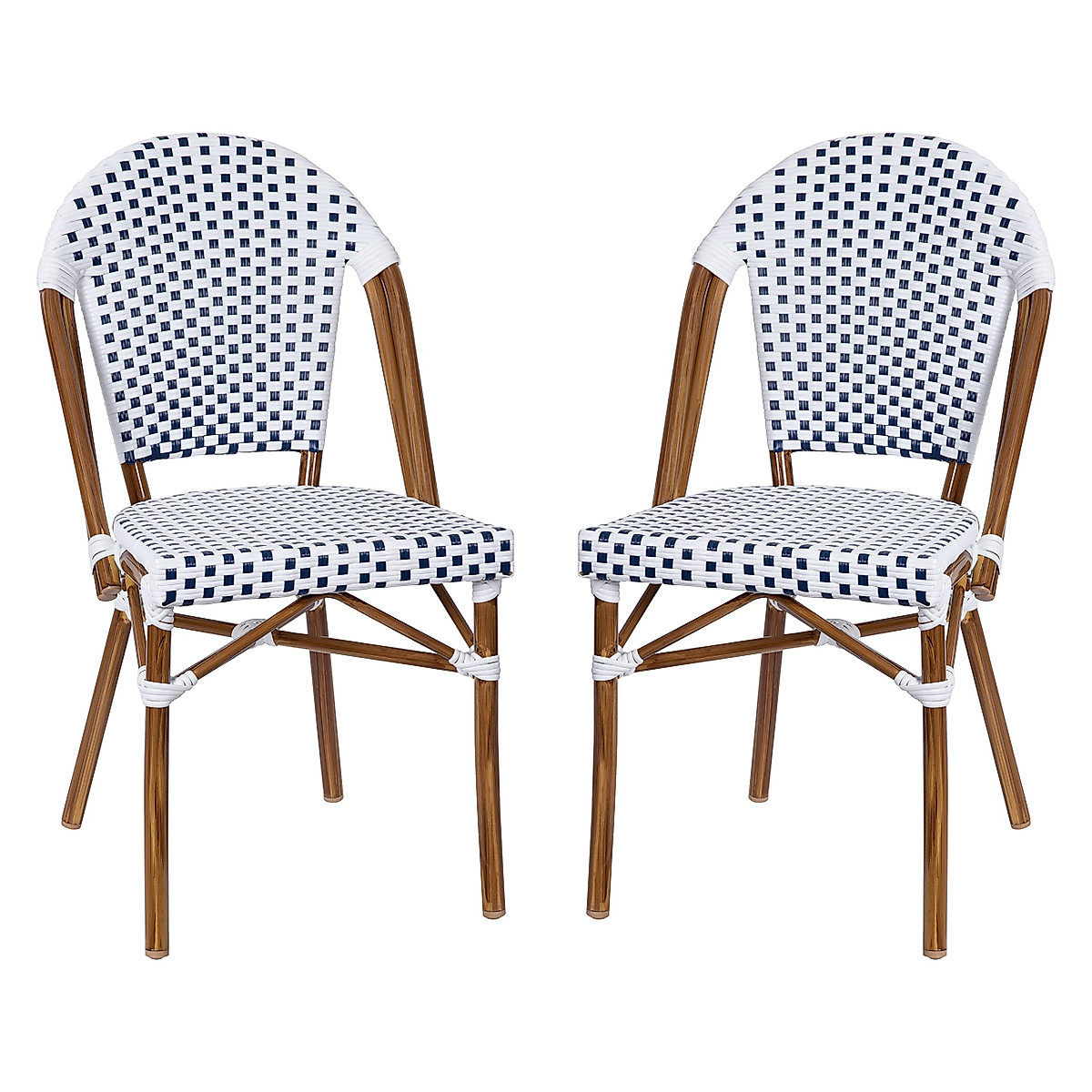 Merrick Lane Celia Bistro Chair - White & Navy Woven PE Seat and Back - Bamboo Finish Aluminum Frame - Set of Two