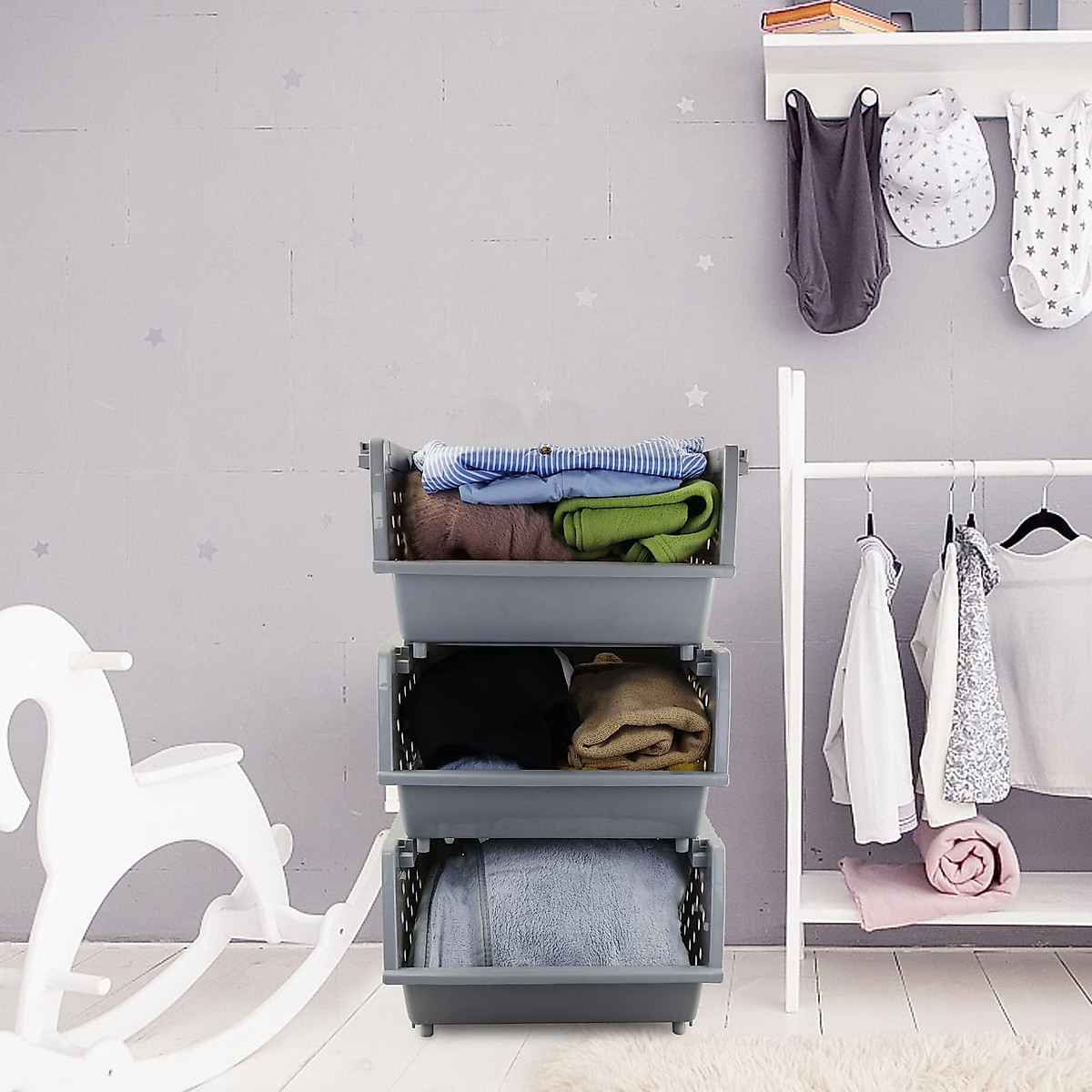 DynkoNA 4-Pack Plastic Stacking Storage Baskets, Large stackable organizer basket