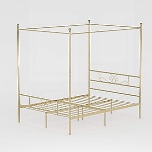 Weehom Queen Canopy Bed Frame with Headboard and Footboard, 4 Posters Metal Bed Frame, No Box Spring Needed, Mattress Foundation Platform Bed for Kids and Adults, Gold