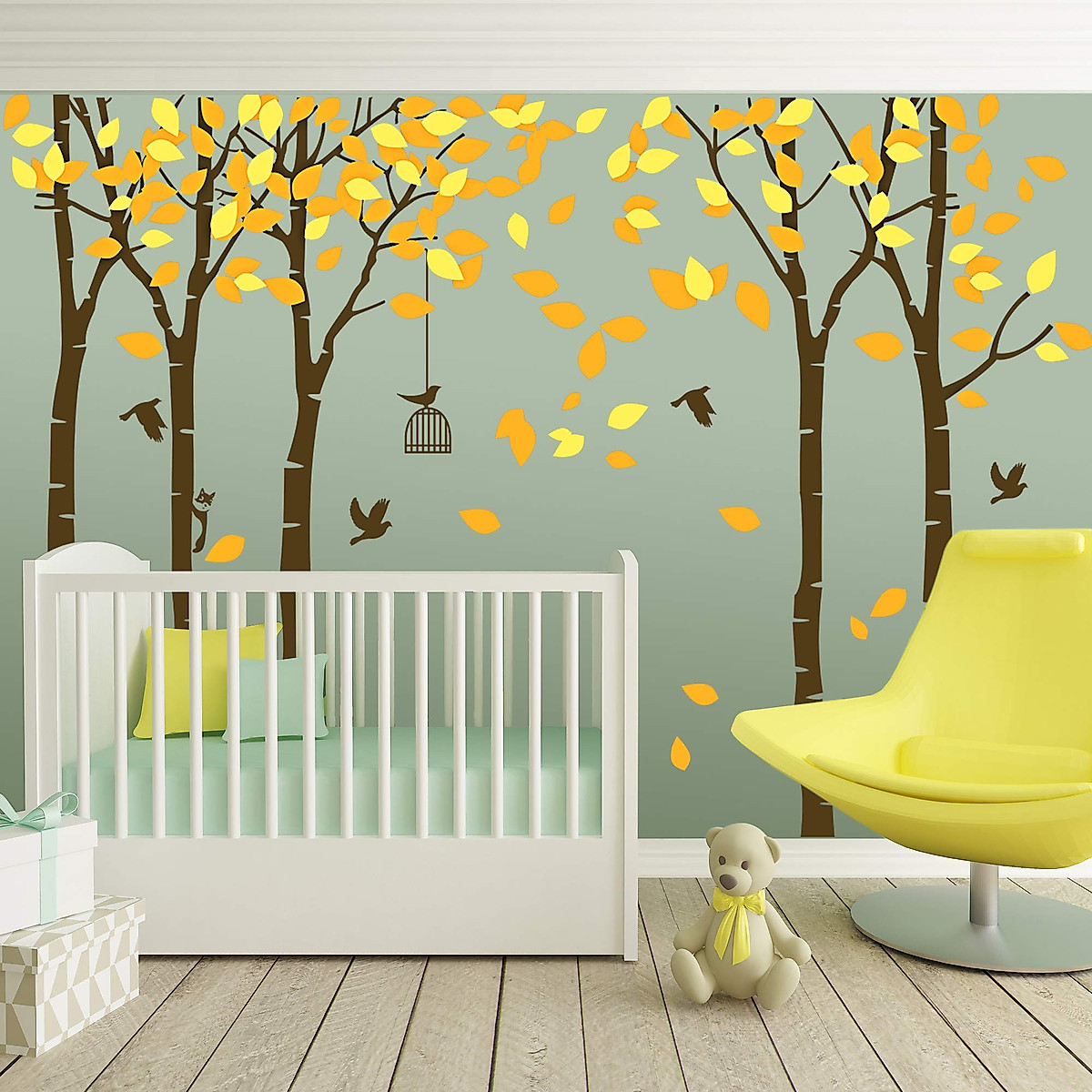 264 X 180cm Large Jungle Tree Wall Decals Cartoon Big Family Forest Tree Wall Stickers DIY Removable Green Leaves Fly Birds Wall Murals Decor for Kid Bedroom Nursery Living Room Office Home Decoration