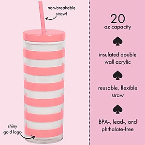 Kate Spade New York Acrylic Tumbler with Lid and Straw, 20 oz Tumbler, Slim Double Wall Tumbler, Terrace Stripe