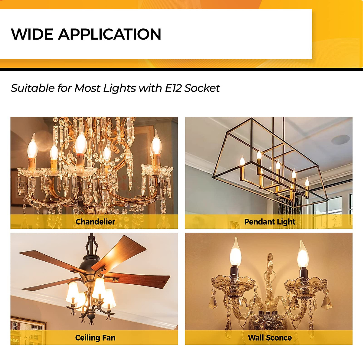 Hizashi 90+ CRI LED Candelabra Bulb 40W Equivalent E12 LED Bulb Dimmable 2700K Soft Warm White, Chandelier Light Bulbs, 4W 450LM Flame Tip CA10 Candle Light Bulbs, UL Listed - 12 Pack