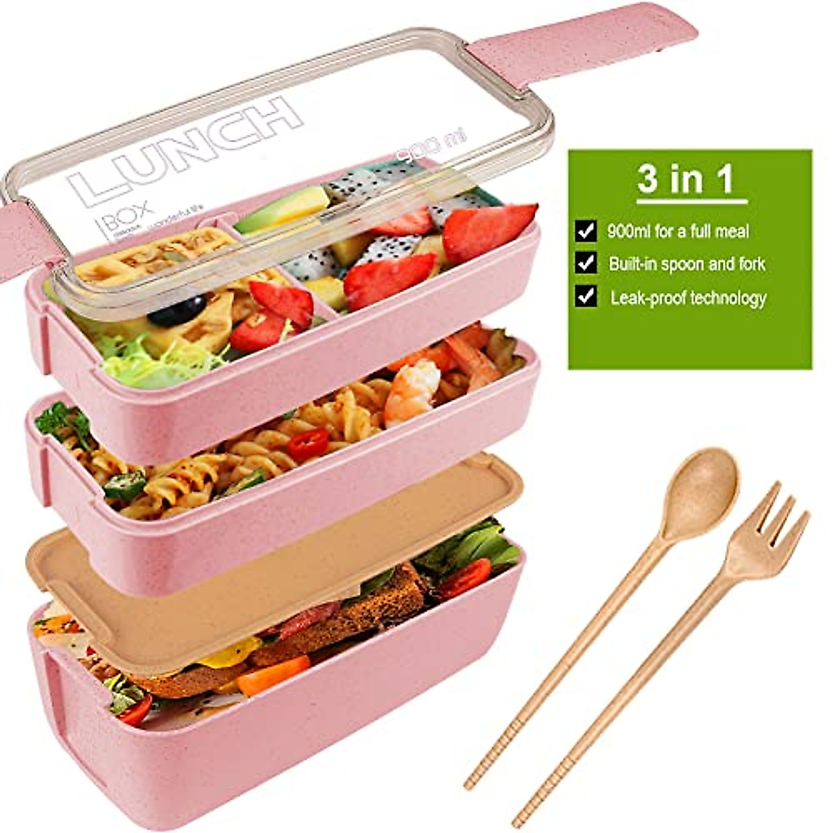 Iteryn Bento Adults Lunch Box, Stackable Bento Box, 3-In-1 Compartment - Wheat Straw, Leakproof Bento Lunch Box Meal Prep Containers