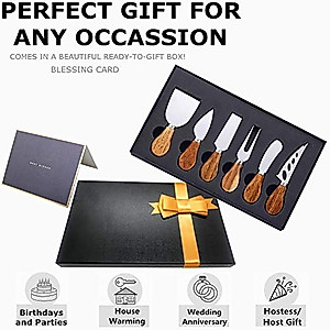 MJuAn Premium 6-Piece Cheese Knife Set,Complete Stainless Steel Cheese Knives Collection(Acacia Wood Handle)-Cheese Spreader Knife for Charcuterie,Gift-Ready