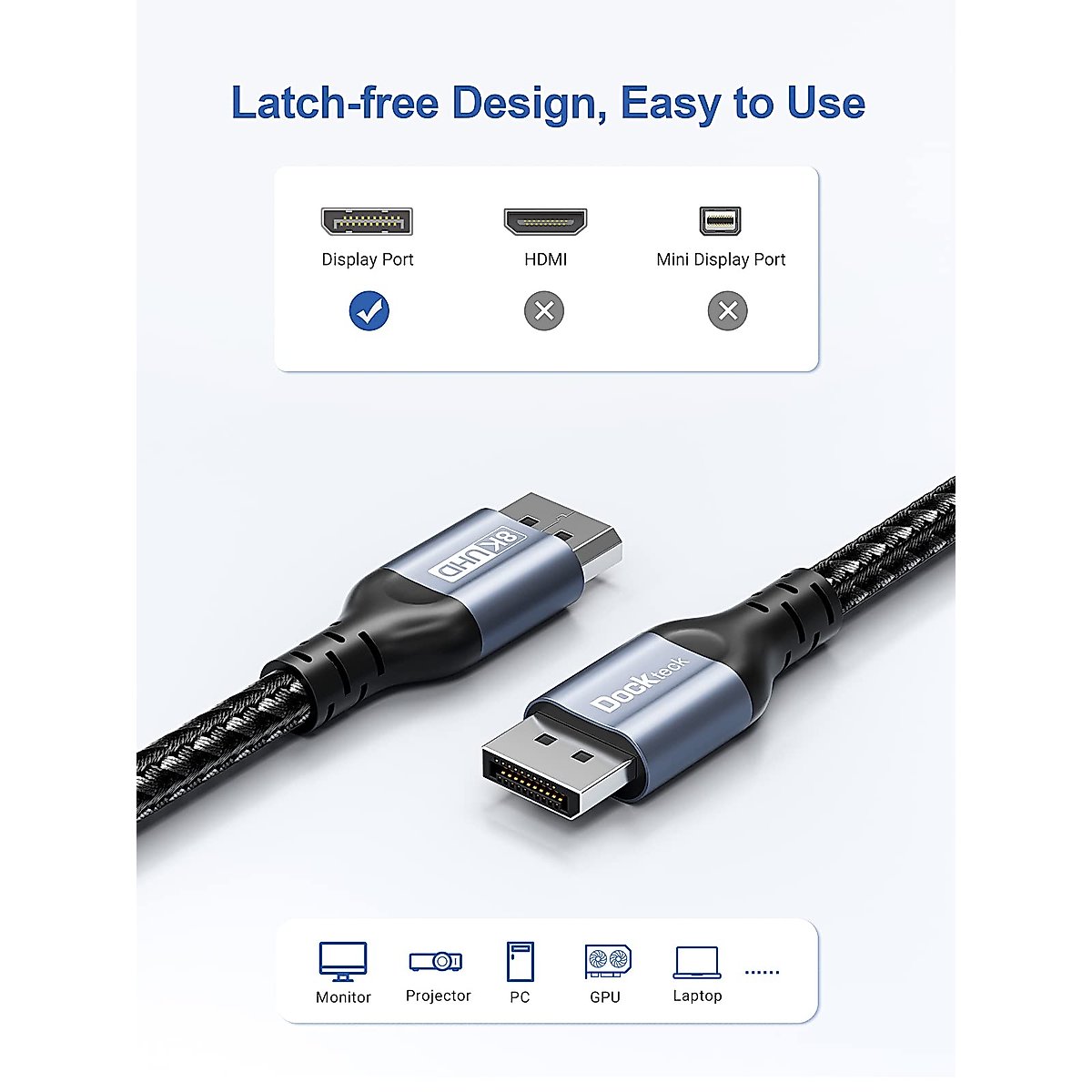 dockteck 8K DisplayPort Cable 1.4 10FT, DP to DP UHD Speed Display Port Cord, Cable Support HBR3 32.4Gbps HDCP Braided Cable for TV FreeSync G-Sync Gaming Monitor PC Laptop