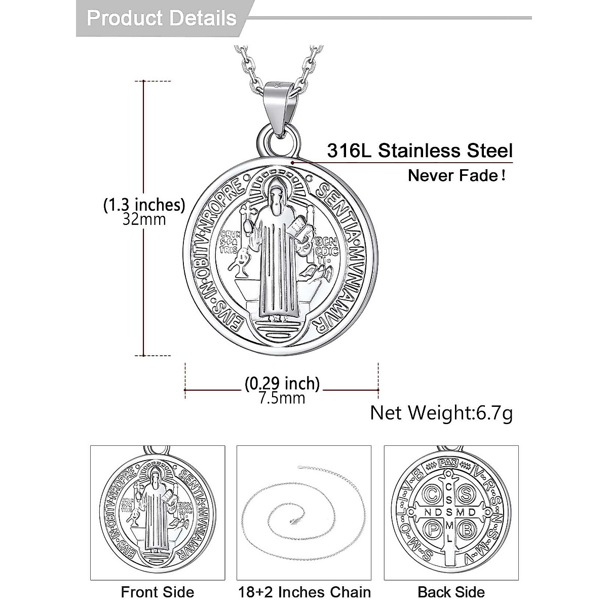 U7 Men Women St Benedict Necklace 925 Sterling Silver Round Medal Protect Saint Nursia Benedict Pendant and Chain 18 Inch