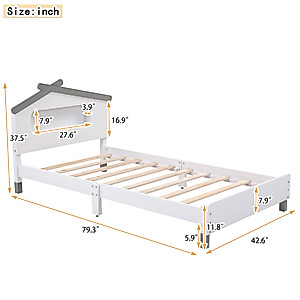 Bellemave Twin Size Platform Bed with House-Shaped Headboard and Motion Activated Night Lights,Wood Twin Kids Bed Frame for Teens, Girls,Boys(Twin,White)