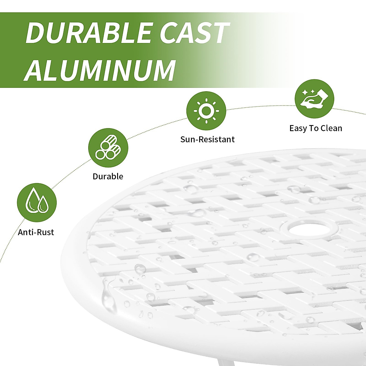 PATIO-IN 3 Piece Patio Set Cast Aluminum Patio Furniture Outdoor Bistro Table Set with Adjustable Foot Cap,Metal Bistro Table and Chair Set of 2 for Front Porch,Garden,White