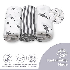 Jam Naturals- Organic Knotted Tie Bottom Adjustable Velcro Swaddle and Hat Set of 3, Newborn Sleep Sack (0-3m, 7-14lbs Grey)