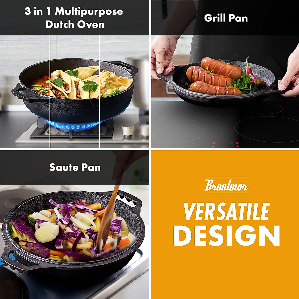 Bruntmor 2-in-1 Pre-Seasoned Cast Iron Dutch Oven with dual handles, Cocotte Double Braiser Pan with Grill Lid 3.3 Quarts - BBQ Grill, Fryer - Outdoor Cookware Set with Dual Handles, Camping,- Black