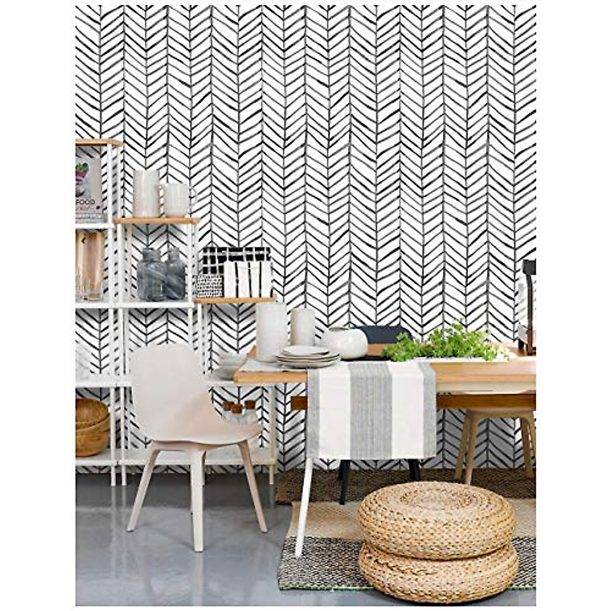 HAOKHOME 96020-1 Boho Stripe Peel and Stick Wallpaper Herringbone Black White Vinyl Self Adhesive Room Decor Contact Paper 17.7in x 9.8ft