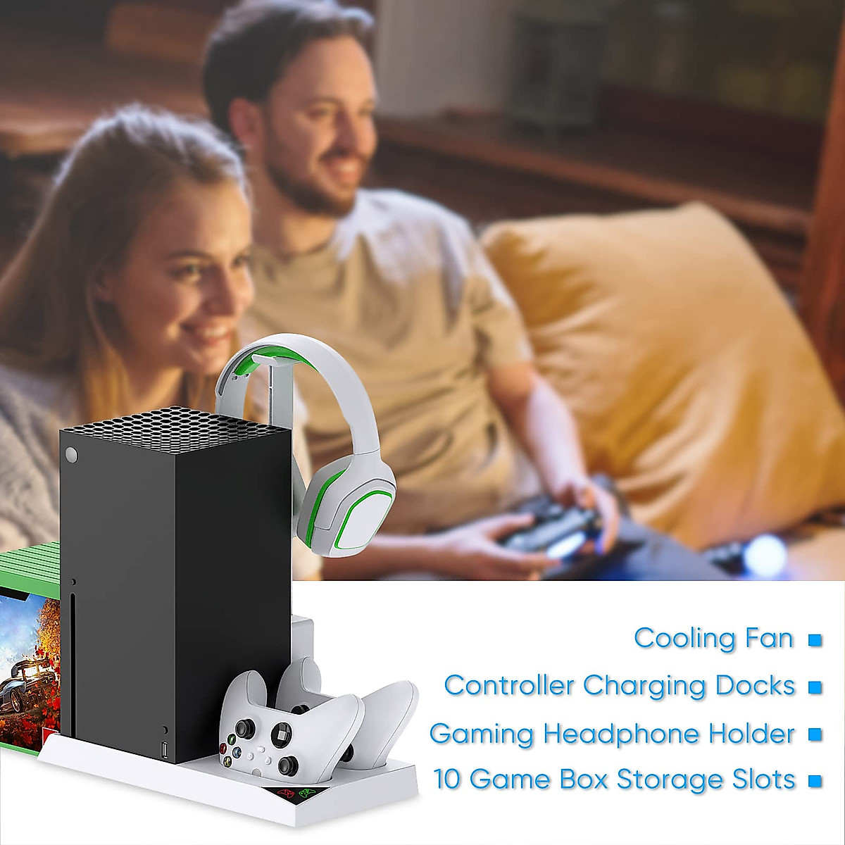Vertical Cooling Stand for Xbox Series X, Dual Controller Charging Dock Station for Xbox Series X Cooling Fan with 2 Pack 1400mAh Rechargeable Batteries, 10 Games Storage and Headset Stand, White