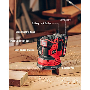 AVID POWER 20V Cordless Orbital Sander 5 Inch Electric Sander Tool with 6 Variable Speeds 7000-11000 RPM Battery Powered Sanders for Woodworking, 30 Pcs Sandpapers and Dust Collection Bag