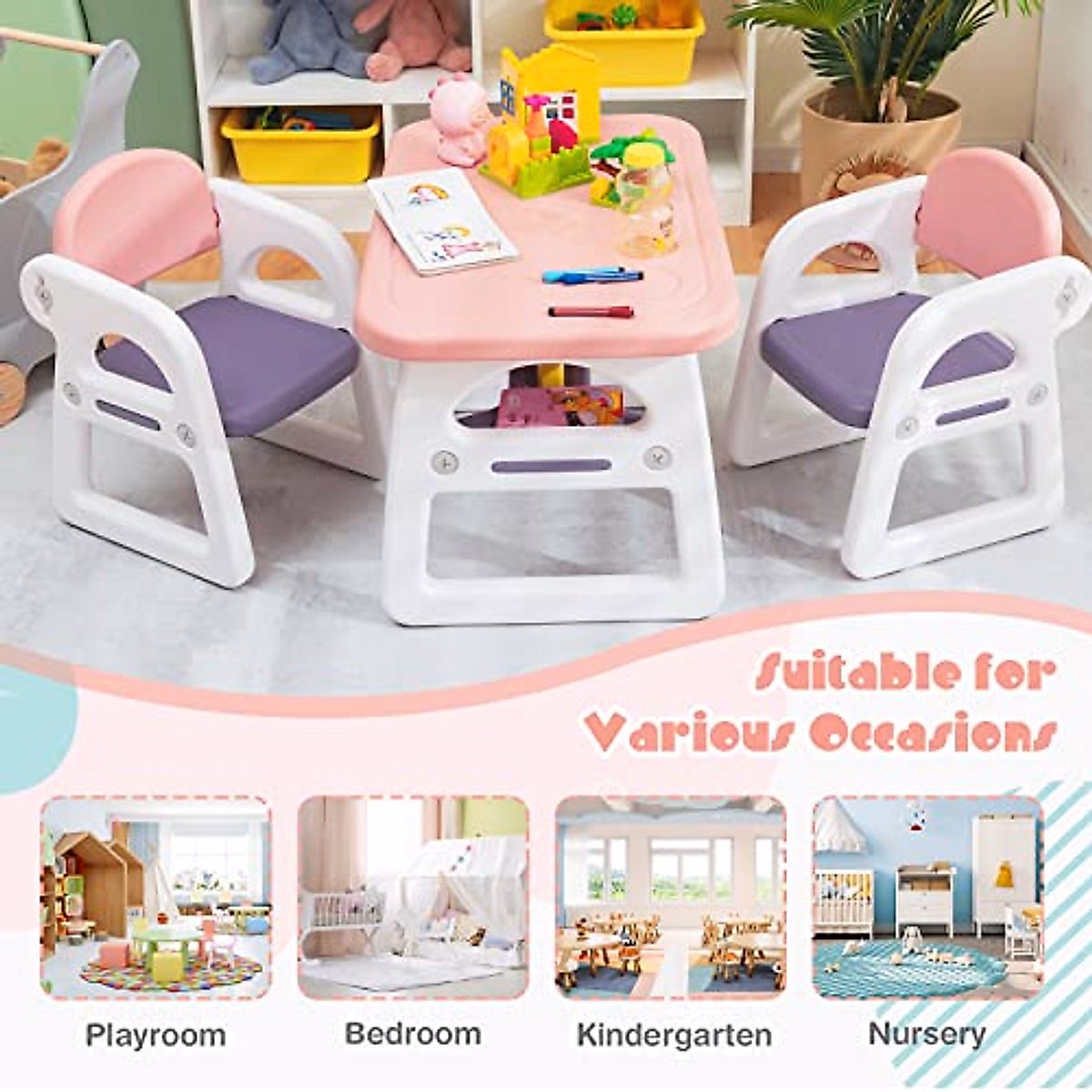 Costzon Kids Table and Chair Set, 3-Piece Plastic Activity Table with Building Blocks, Storage Shelf for Children Reading, Drawing, Writing, Arts & Crafts, Toddler Table and Chair Set (Pink)