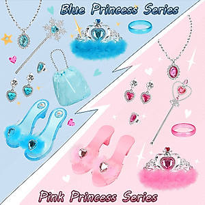Hapgo Princess Dress Up Shoes and Pretend Jewelry Toys Set, 2 Pairs of Princess Shoes with Cape Tiara Crowns Earrings Necklaces Bracelets Rings Wands Bag Role Play Shoes for Girls Aged 3-6 Years Old
