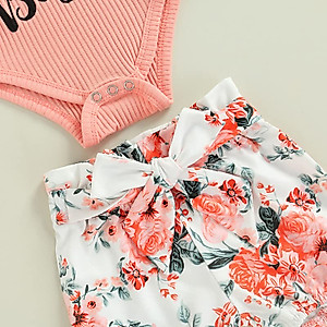 Newborn Baby Girl Auntie Outfits Auntie's Bestie Short Sleeve Ribbed Romper Floral Shorts Clothes with Headband (A-Pink, 3-6 Months)