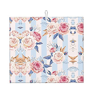 Flowers Stripe Printed Drying Mat For Kitchen Ultra Absorbent Microfiber Dishes Drainer Mats Non-Slip Silicone Quick Dry Pad - 18 X 16inch