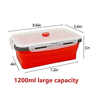 CARTINTS Large Collapsible Camping Food Containers, 1200ml Silicone Lunch Container, Microwave Safe Reusable Meal Prep Container For Indoor&Outdoor Kitchen With Foldable Spoon, Grey Red