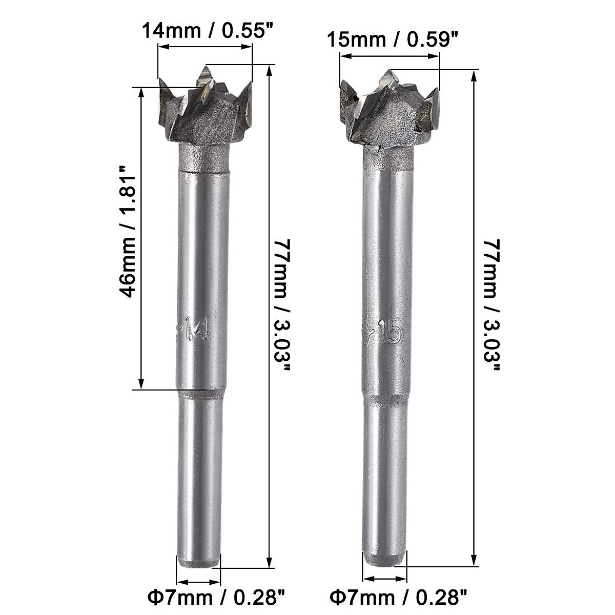 uxcell Forstner Wood Boring Drill Bits 14mm 15mm Dia. Hole Saw Carbide Alloy Steel Tip Round Shank Cutting for Hinge Plywood Wood Tool 2in1 Set