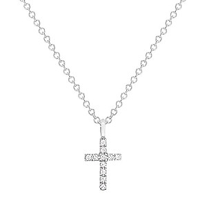 Solid 14K Gold, White or Rose Gold Necklace Small Tiny 0.04 cttw Natural Diamond Cross Pendant Necklace (14, 16, 18, 20 Inches), 16