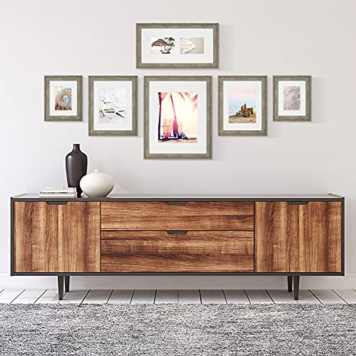 Instapoints 6 Piece Picture Frame Set in Multiple Decorative Art Prints & Hanging Template Gallery Wall Kits, Multi Size, Gray