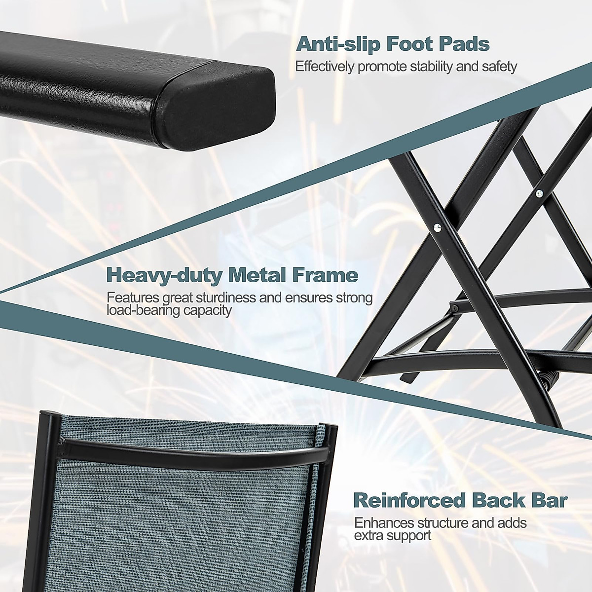 Giantex Folding Patio Bar Chairs Set of 4, Outdoor Counter Height Bar Stools with Footrest & Back, All-Weather Textilene, Metal Frame, for Porch Deck Lawn Garden, Light Blue