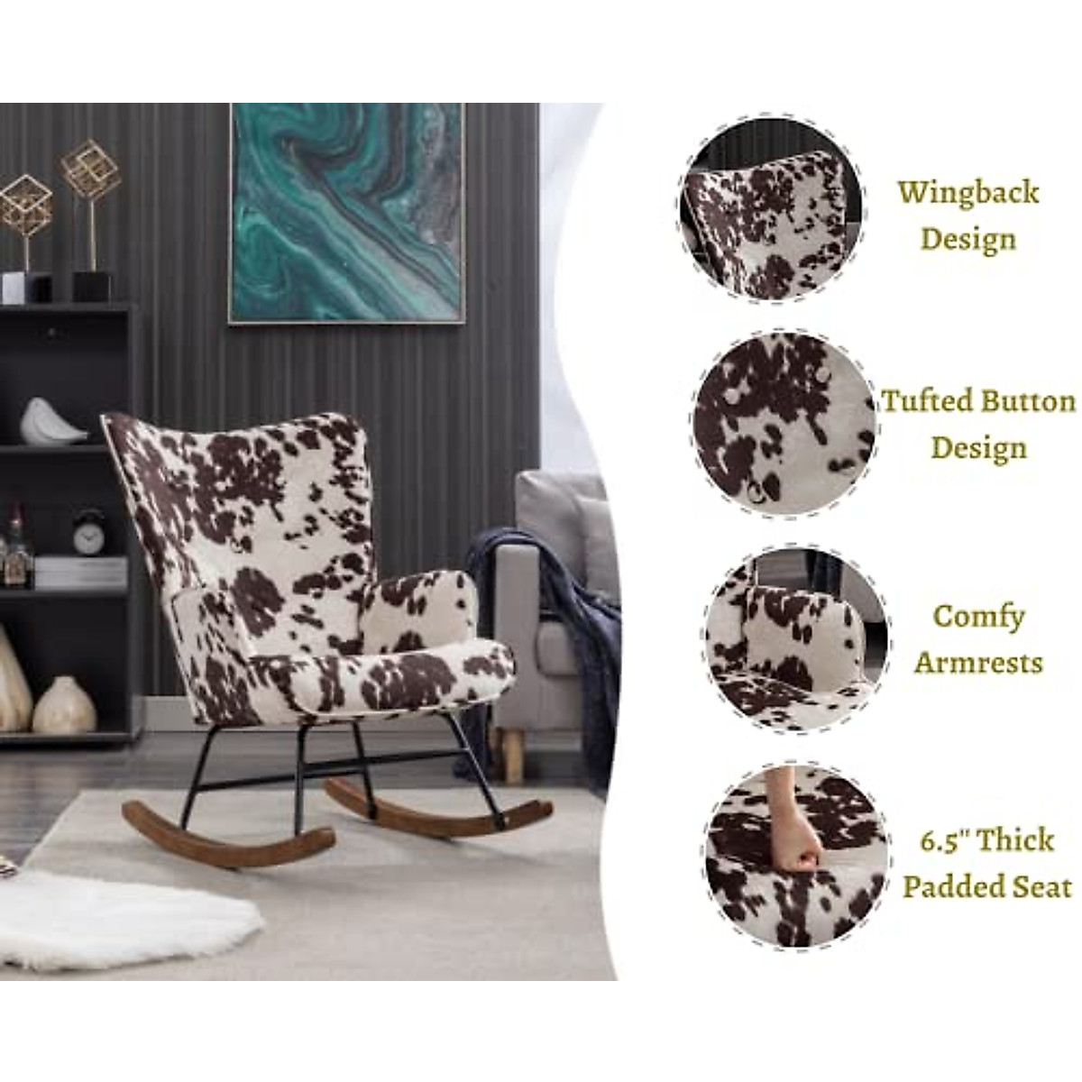EALSON Nursery Rocking Chair Fabric Upholstered Rocker Chair Tufted Wingback Accent Chair with Wooden Base Modern Comfy Lounge Armchair for Bedroom Living Room, Cow