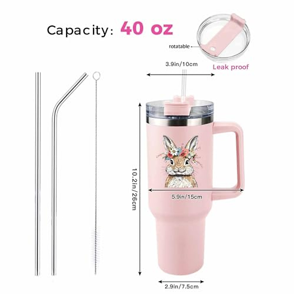 LB LEOBON 40 ounce insulated cup with handle, double-layer vacuum stainless steel material, equipped with straw, can keep warm or maintain cold drinks Easter Rabbit H Light pink