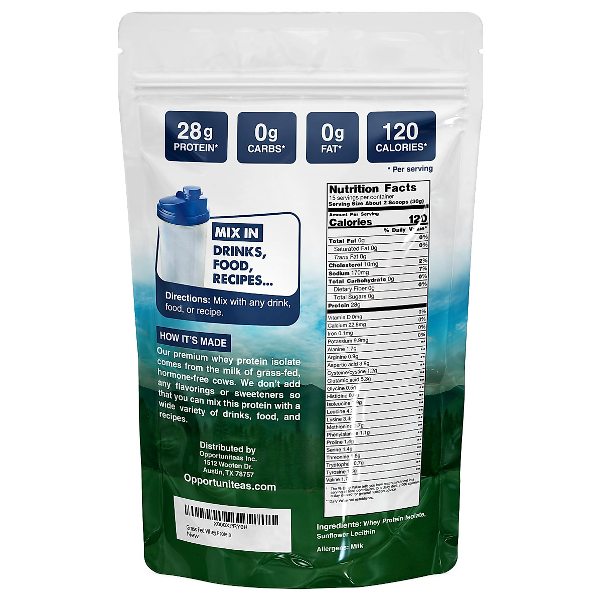 Opportuniteas Grass Fed Whey Isolate Protein Powder - Unflavored 28g Protein Powder without Artificial Sweeteners, Hormone-Free Cows, Non GMO - 1lb