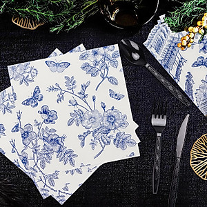 40 Pack Blue White Floral Cocktail Napkins Blue White Floral Luncheon Napkins Fancy Dessert Paper Napkins for Floral Theme Bridal Baby Shower Tea Party Blue White Floral Birthday Party Supplies Decor