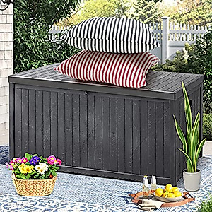 SUNVIVI OUTDOOR 120 Gallon Deck Storage Box with Hydraulic Hinge, Resin Patio Storage Bin with Lockable Lid, Waterproof Outside Storage Container for Cushions, Pool Supplies, Garden Tools, Grey