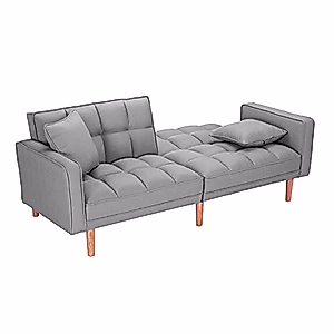 KoiHome Futon Sleeper Sofa with Adjustable Back and Two Pillows, Modern Chaise with Conical Wood Legs, Contemporary Home Furniture for Living, Bedroom,Office,Waiting Room, Polyester, Light Grey