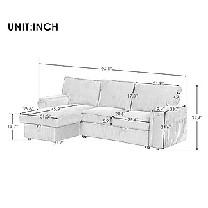 Corduroy Upholstered Convertible Sleeper Sectional Couch Pull Out Sofa Bed ,4 Seater L Shaped Corner Sofa&Couch Sofabed with Reversible Storage Chaise Lounge and Cupholders for Living Room Office