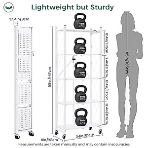 DEANIC 5-Shelf Folding Bookcase with Wheels, Heavy Duty Storage Shelves, Freestanding Metal Wire Shelving Unit for Living Room, Office, Kitchen, Basement, Pantry (White)