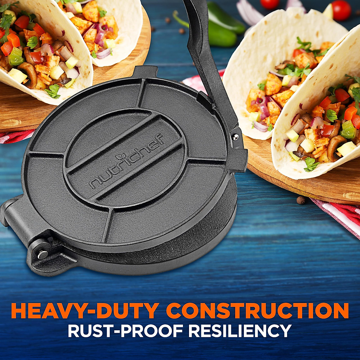 NutriChef 8'' Cast Iron Tortilla Press - Durable, Heavy-Duty Construction, Ideal for Tortillas, Patacones, Tostones, Plantain Press
