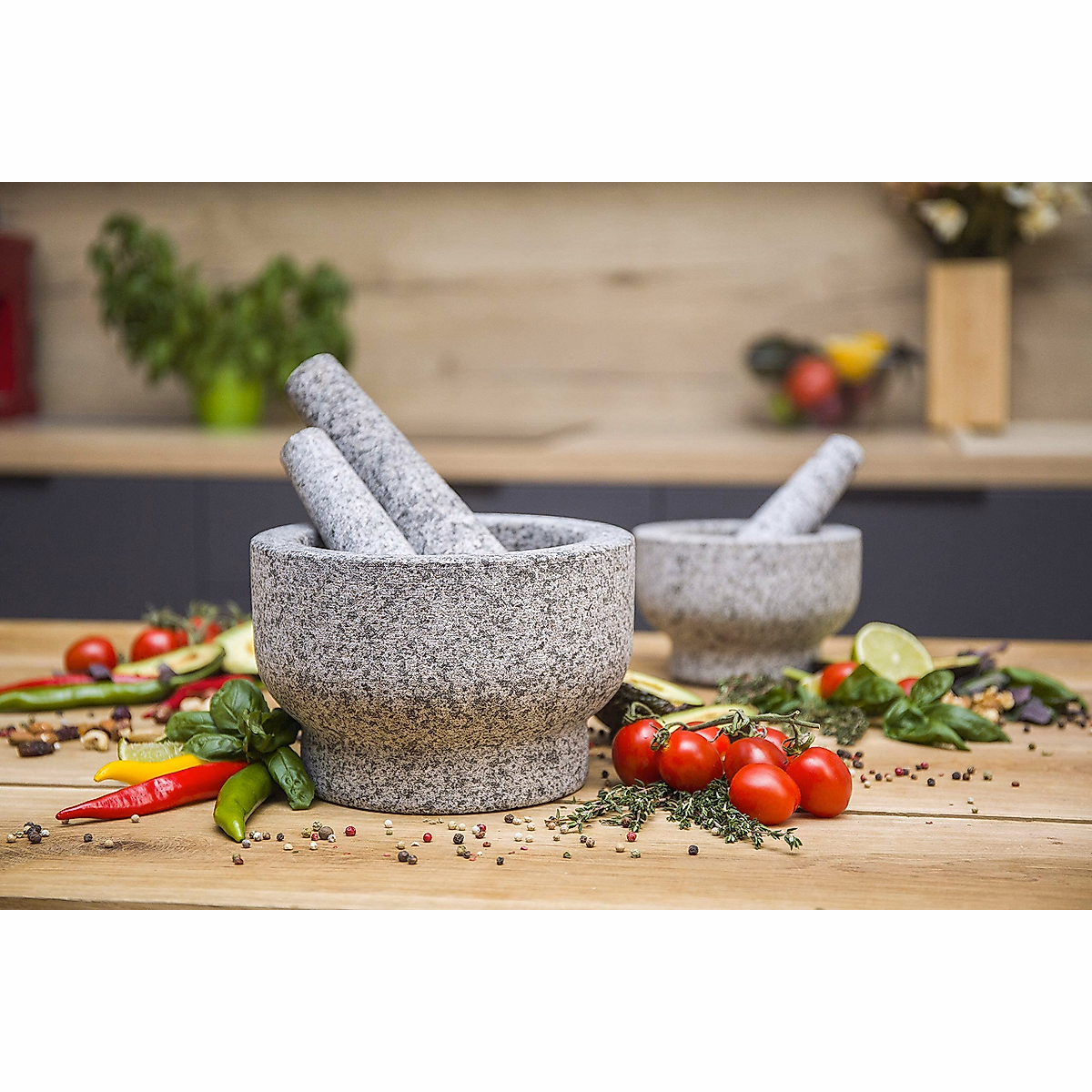ChefSofi Mortar and Pestle Sets - The Standard 6 inch 2 Cup and The EXTRA Large 8 inch 5 Cup Capacity - Unpolished Heavy Granite for Enhanced Performance and Organic Appearance
