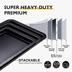 HONGBAKE Baking Sheet Pan Set, Cookie Sheet for Oven, Nonstick Bakeware Sets with Wider Grips, 3 Pack Half/Jelly Roll/Quarter Baking Tray, Premium, Dishwasher Safe - Dark Grey