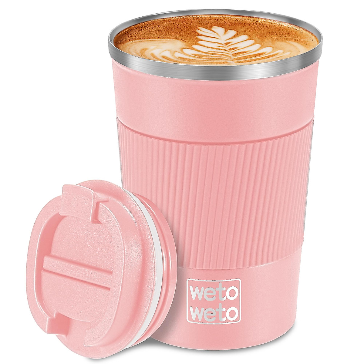 WETOWETO 12 oz Insulated Coffee Cup, Spill Proof Travel Coffee Mug, Vacuum Stainless Steel Coffee Tumbler, Coffee Mug with Lid, Portable Thermal Mug, Reusable Travel Coffee Cup(Pink)