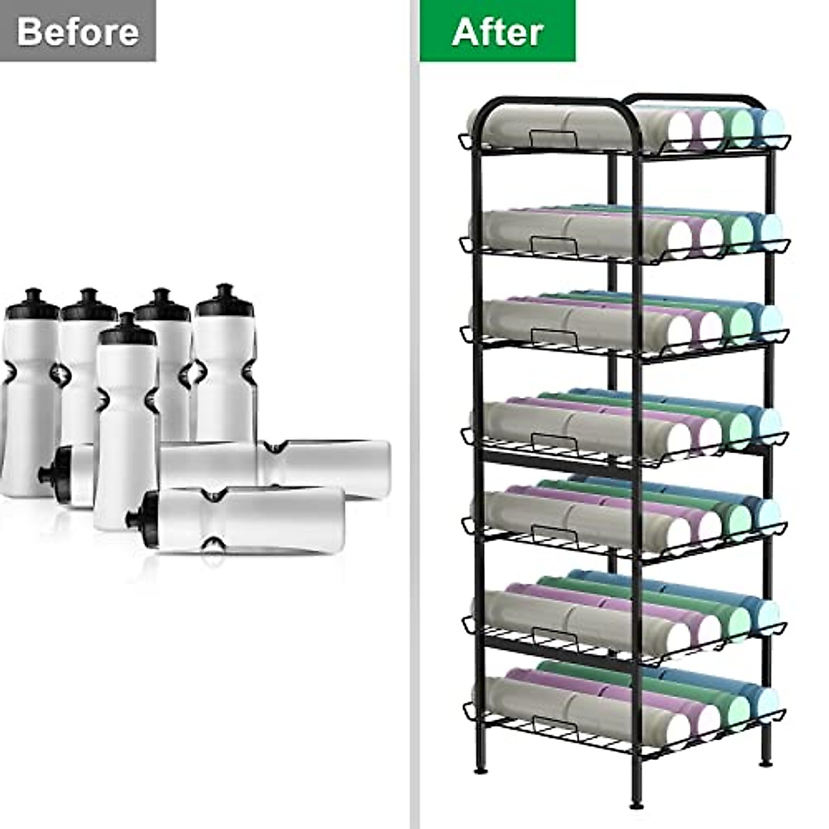 Water Bottle Organizer 7 Tier Free Standing Water Bottle Storage Organizer Metal Bottle Rack Holder Stand Shelf for Kitchen Pantry Food Storage (Black)