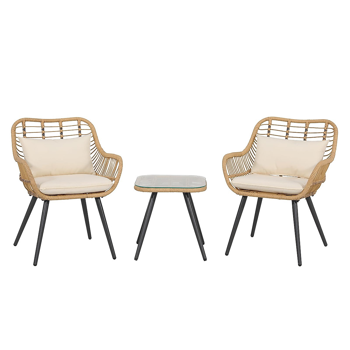 JOIVI 3 Piece Outdoor Wicker Conversation Bistro Set, Patio Furniture Rattan Chairs and Square Side Table Set for Porch, Balcony, Poolside, Yard, White Cushion