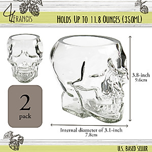 G Francis Crystal Skull Glasses Drinking Set - 2pk 350mL Skeleton Skull Shaped Unique Whiskey Glasses for Wine Cocktails and More